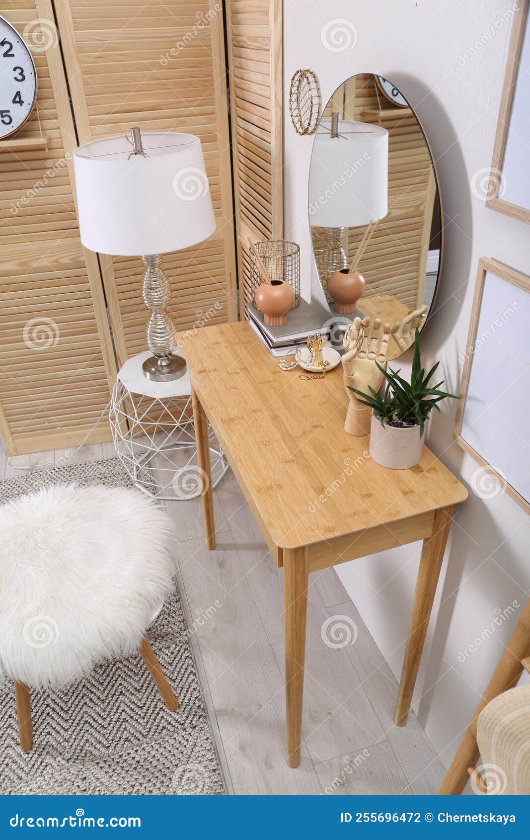 Modern Wooden Dressing Table with Mirror in Room, Above View Stock ...