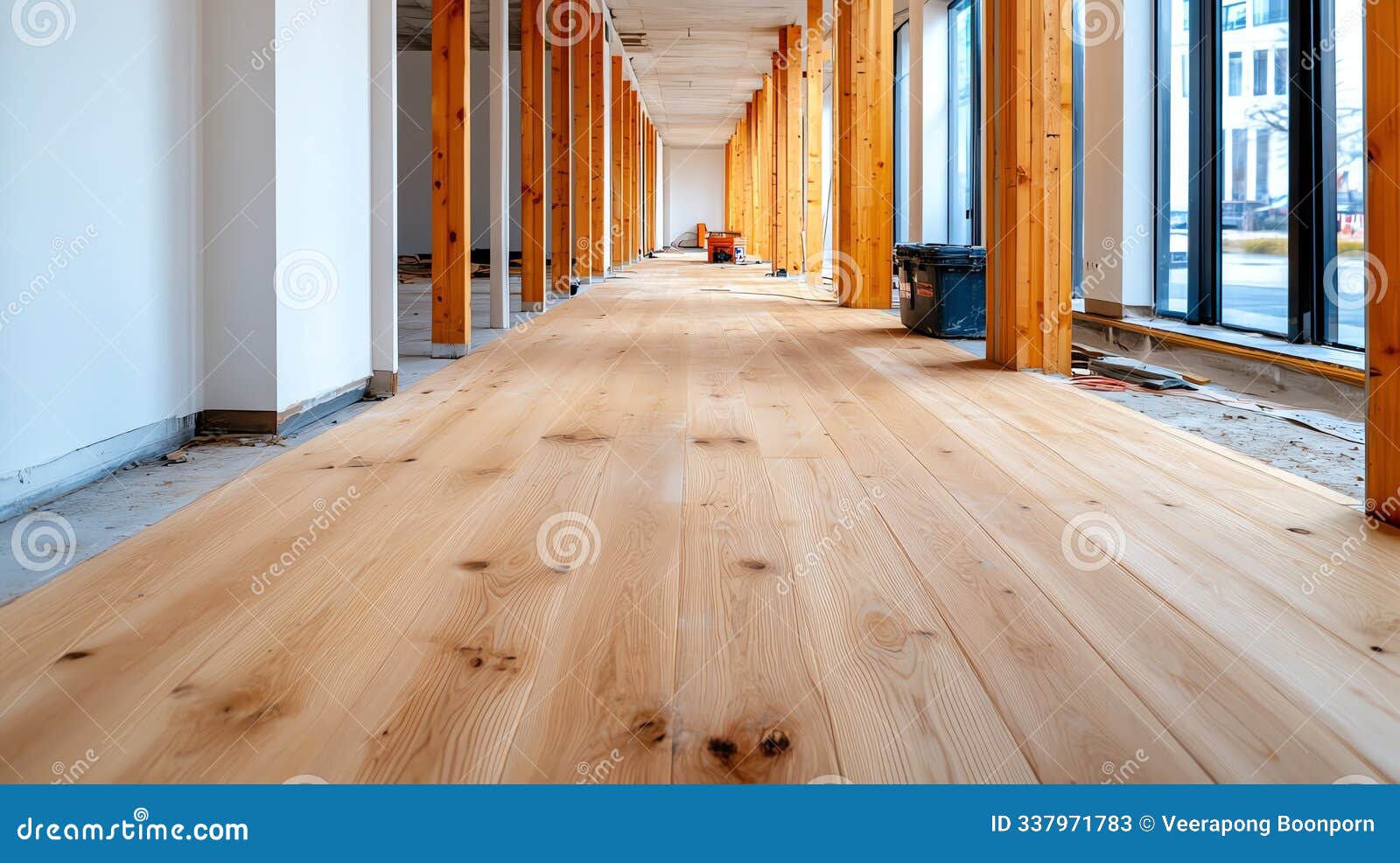 Modern Wooden Floor in Spacious, Light-filled Hallway with Wooden Beams ...