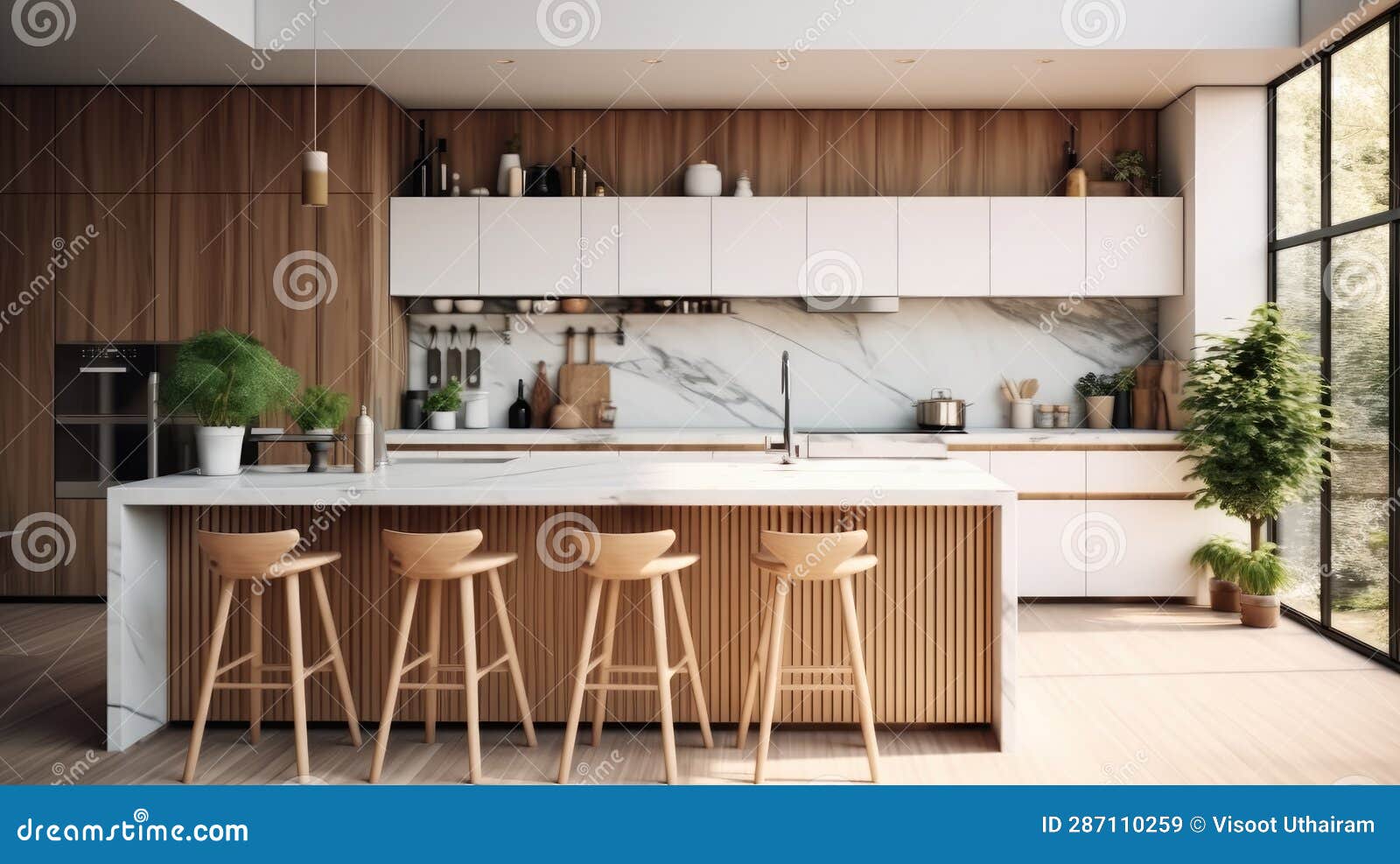Modern and Wooden Kitchen Interior Design. Architecture Idea Stock ...