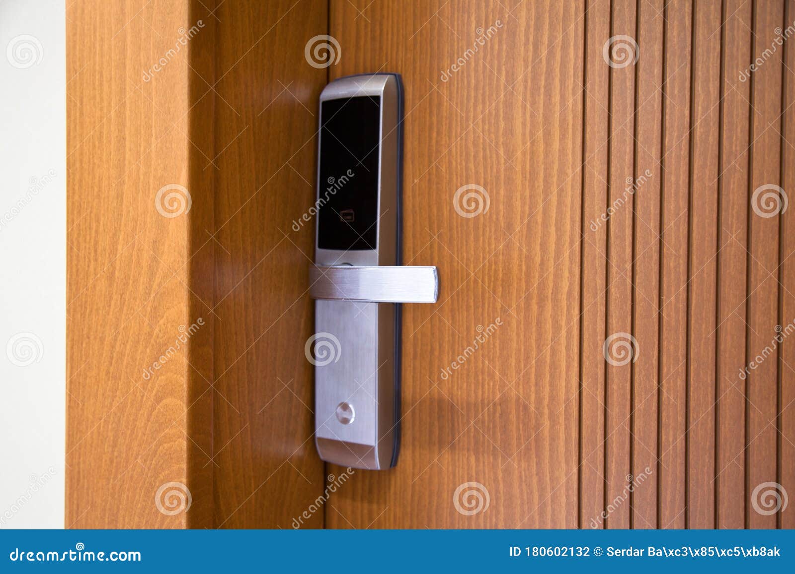 Modern Wooden Looking Steel Door, Electronic Security Lock System Stock ...