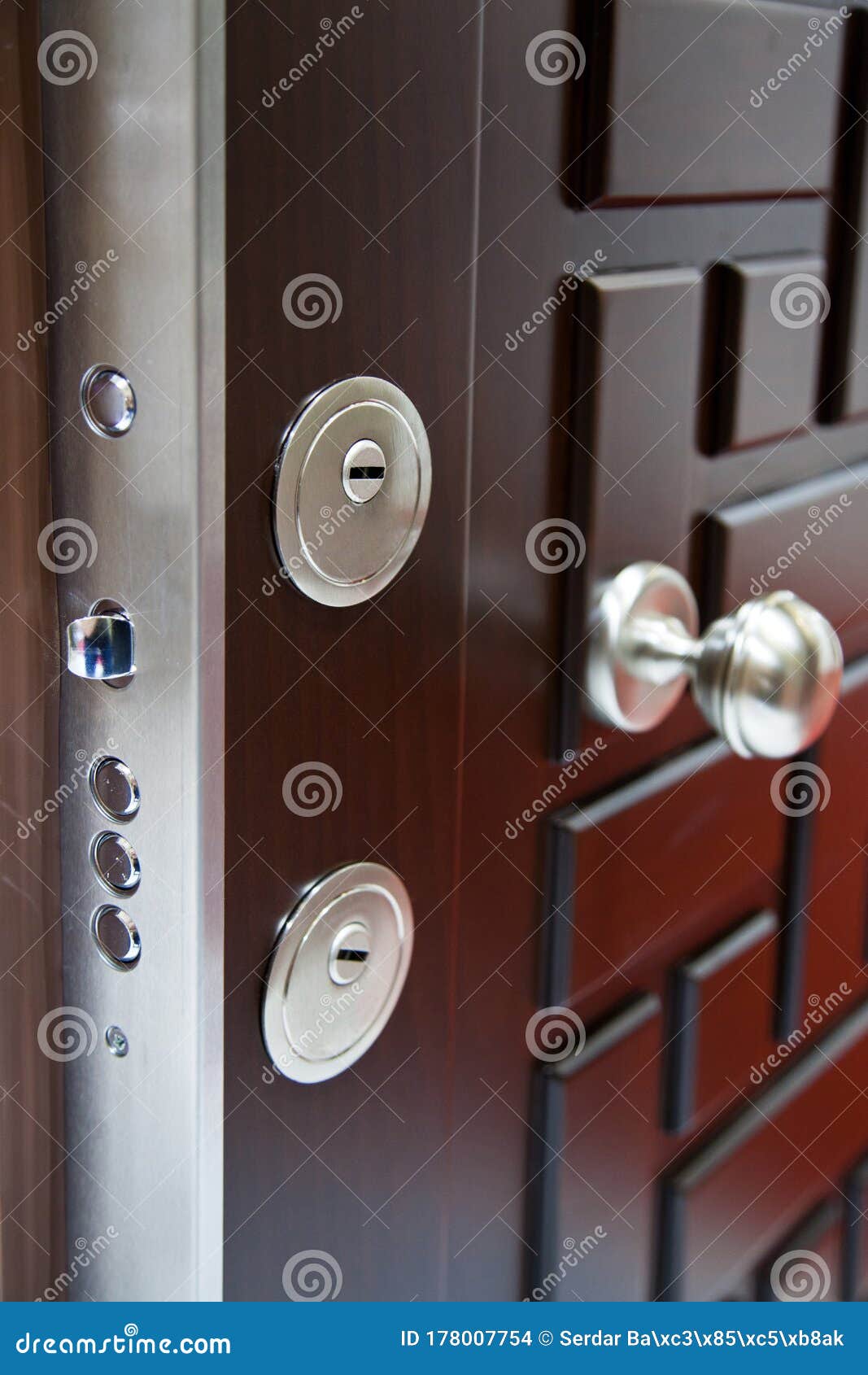 Modern Wooden Looking Steel Door, Security Lock System Stock Photo ...