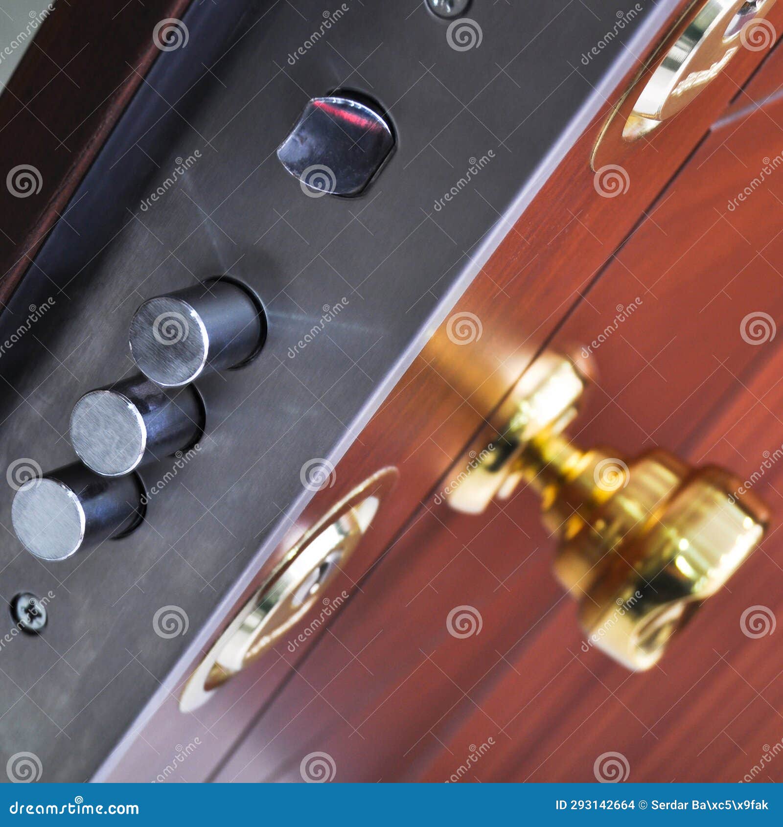 Modern Wooden Looking Steel Door, Security Lock System Stock Photo ...