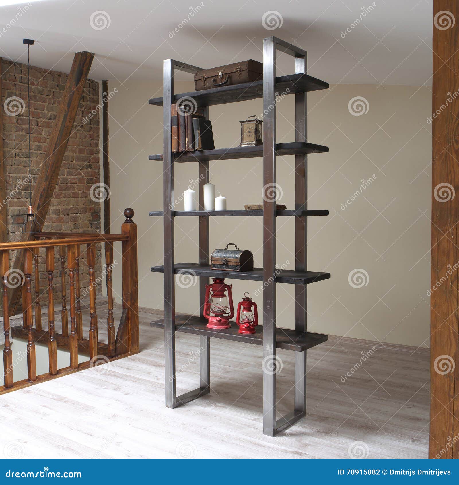 Modern Wooden Rack in the Loft Interior Stock Photo - Image of book ...
