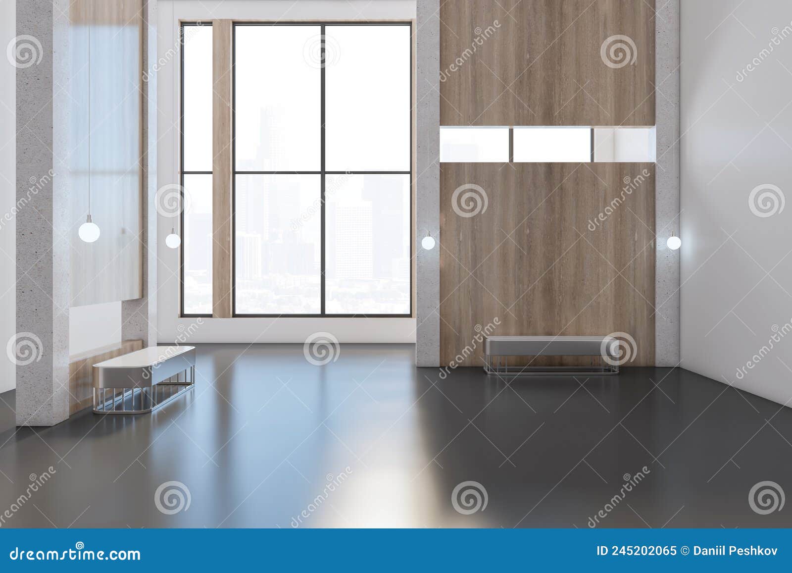 Modern Wooden Spacious Gallery Interior with Window, City View and ...