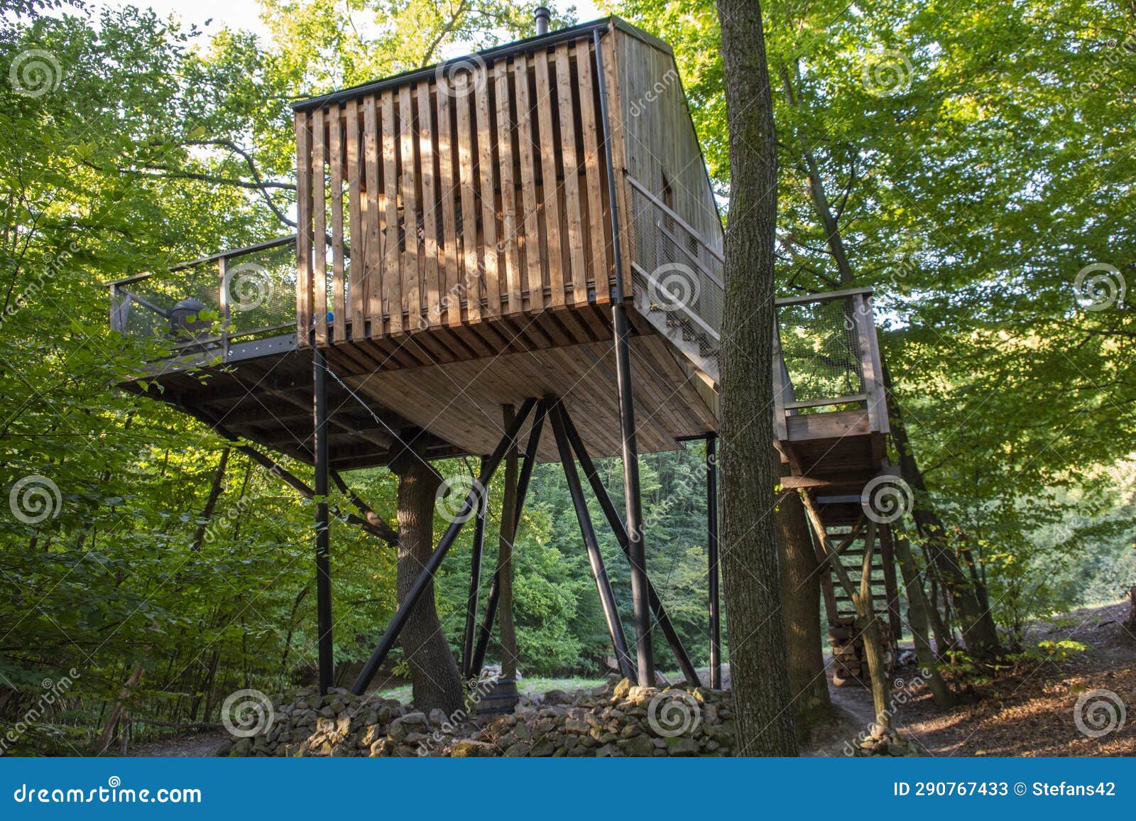 Modern Wooden Tree House in the Forest Stock Image - Image of timber ...