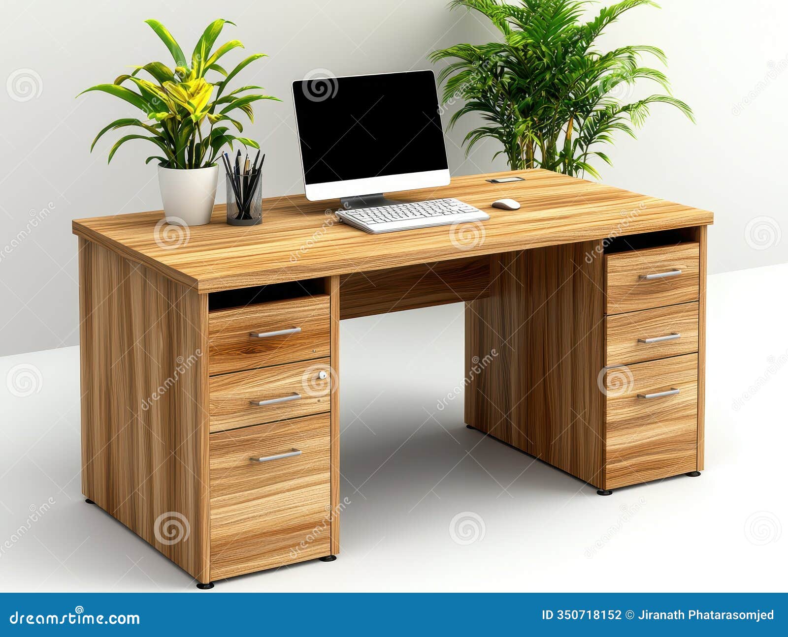 Modern Wooden Writing Desk with Drawers, Plants, and Computer Setup ...