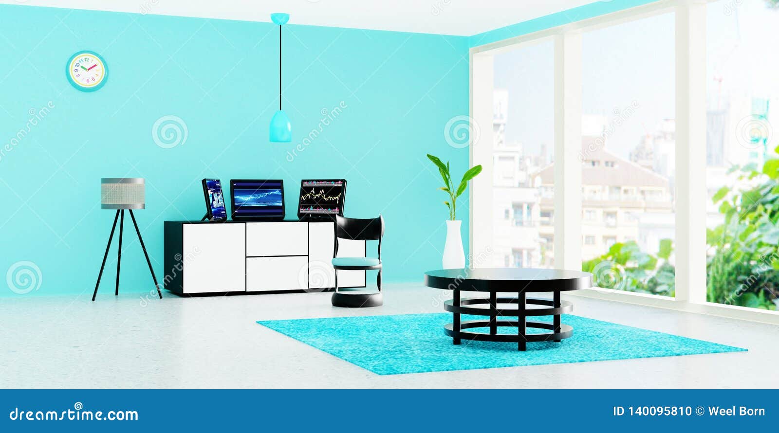 Modern Working Room Interior, 3 Black Desktop Computer Put on a White ...