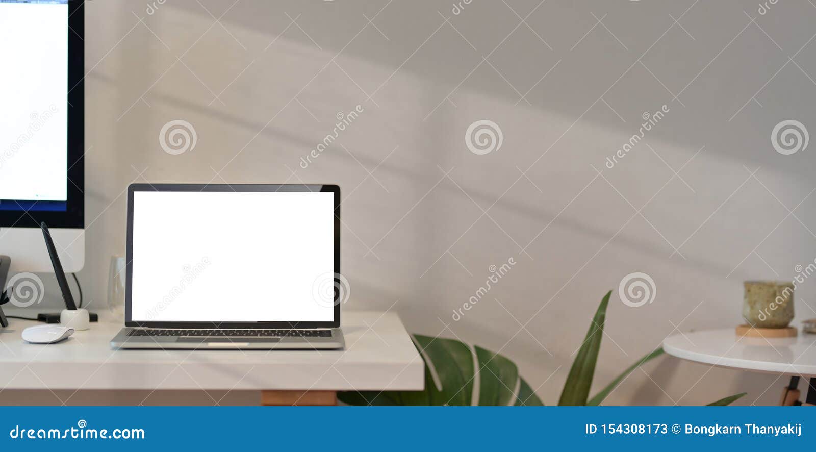 Modern Working Space with Open Blank Screen Laptop Stock Image - Image ...