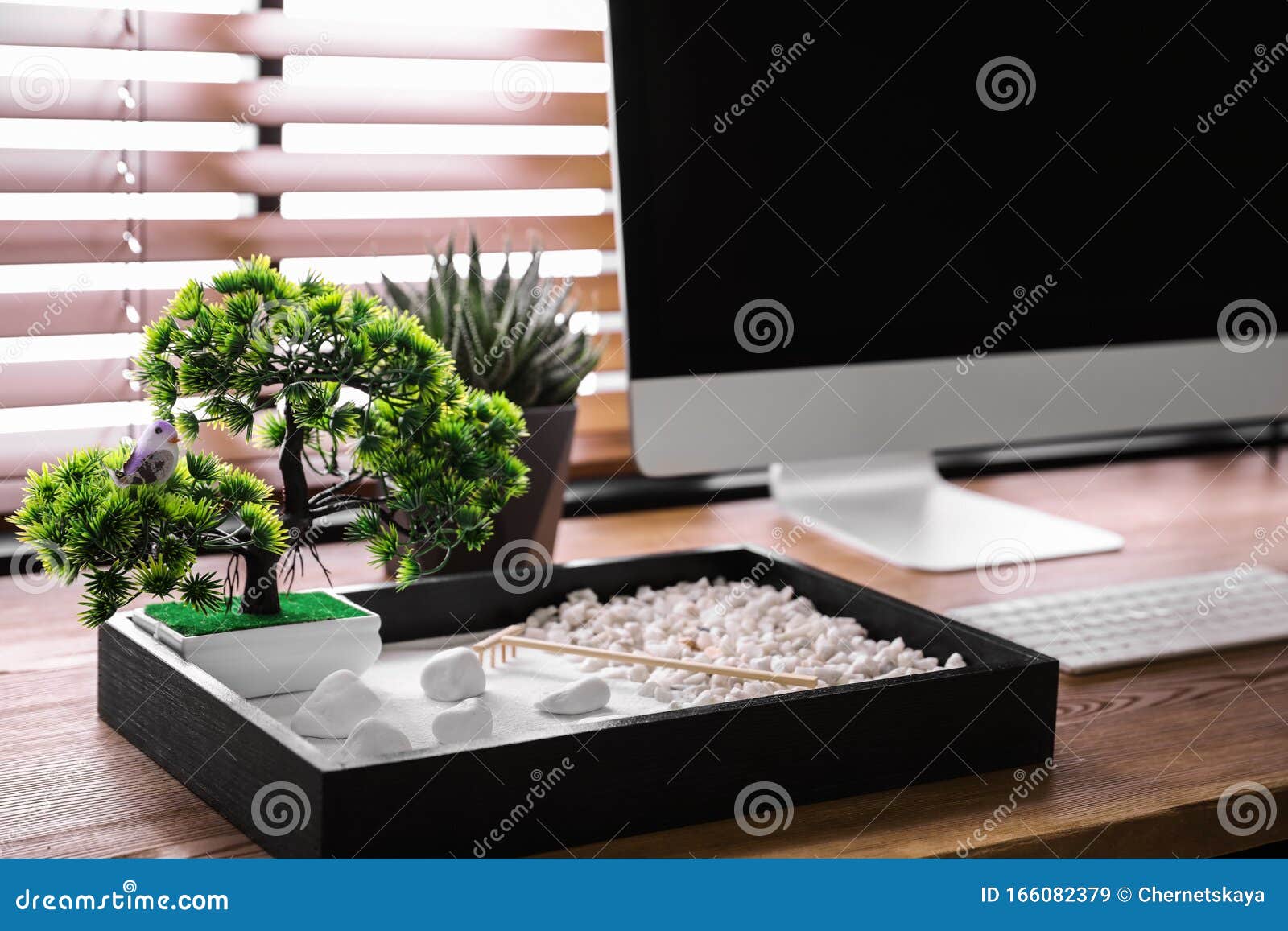 Modern Workplace with Beautiful Zen Garden and Computer in Room Stock ...
