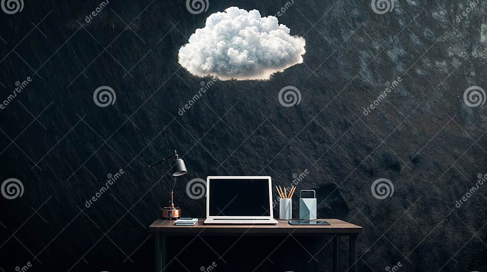 Modern Workplace with Cloud Computing Concept and Laptop on a Desk ...