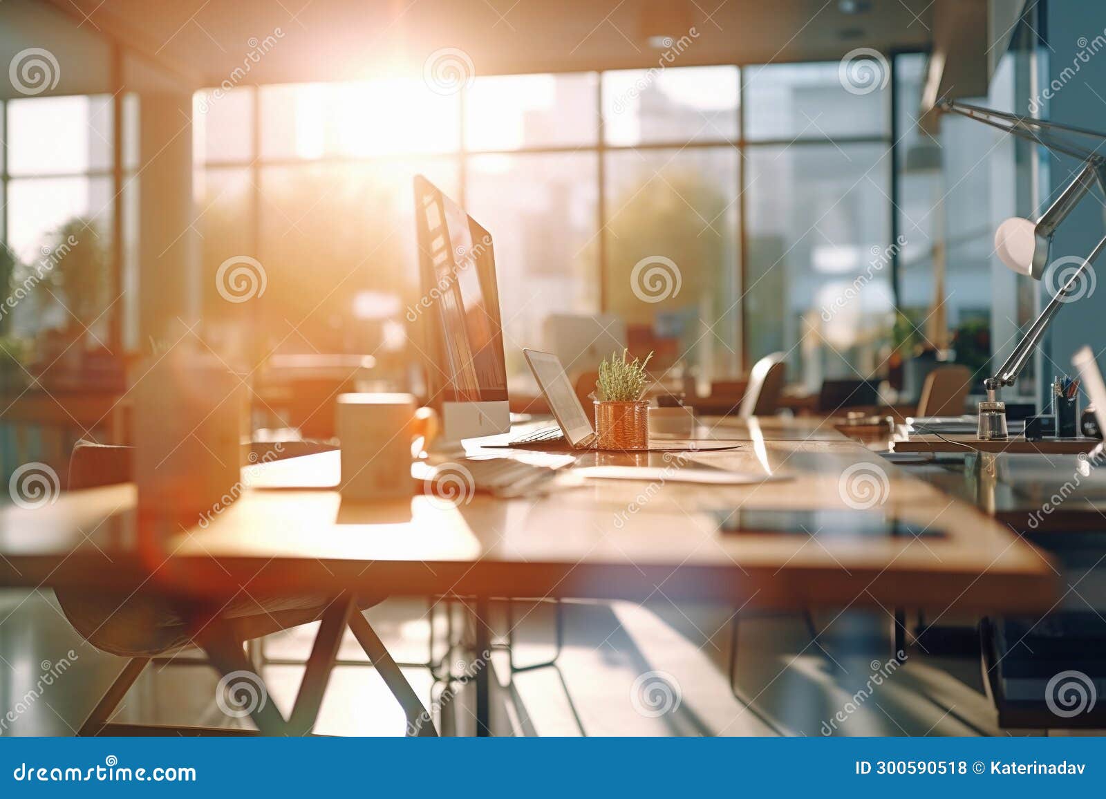 Modern Workplace with Computer. Blurred Background of Office Interior ...
