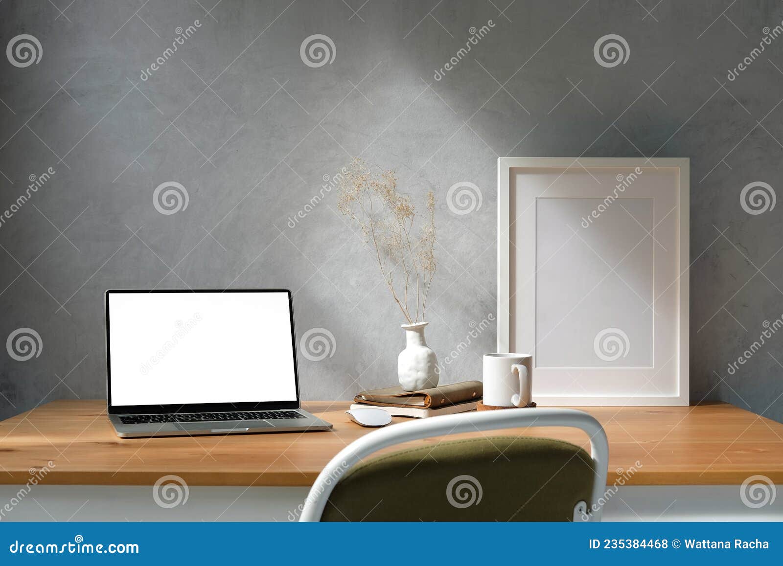 Modern Workplace, Computer Laptop and Supplies on Wood Table with Loft ...