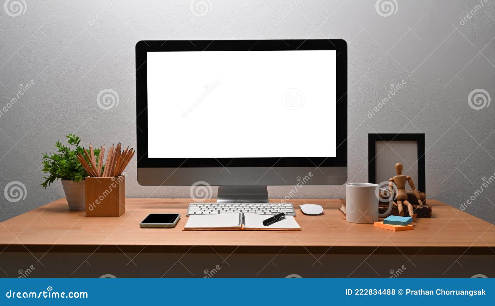 Modern Workplace with Computer, Pencil Holder and Houseplant on Wooden ...