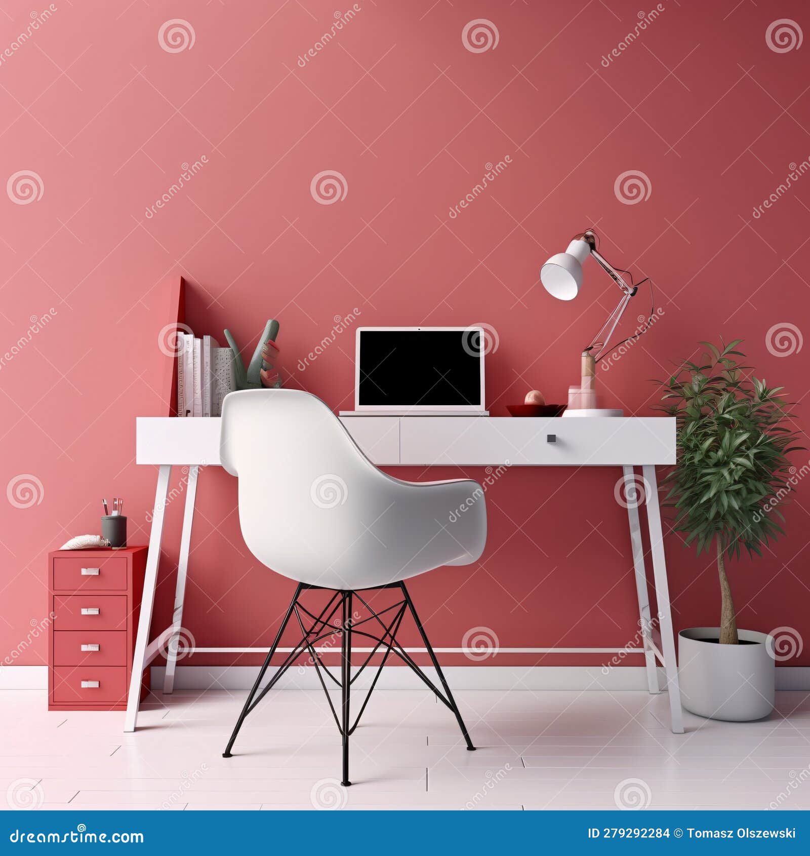 Modern Workplace with Computer on Red Wall. Workplace Concept ...
