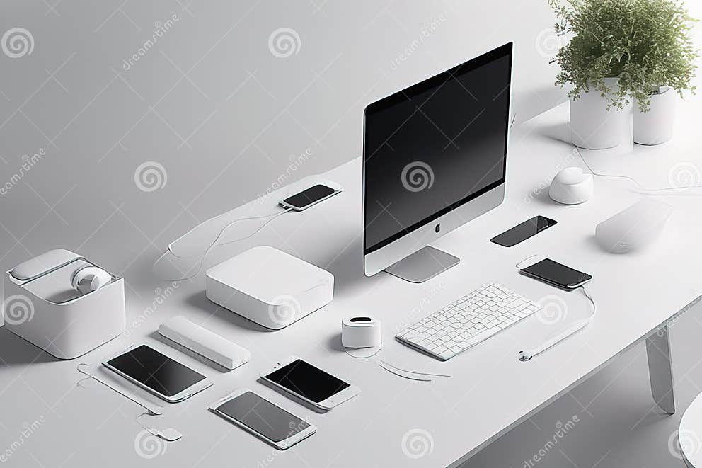 Modern Workplace with Computer, Smartphone and Tablet on Grey Table. 3 ...