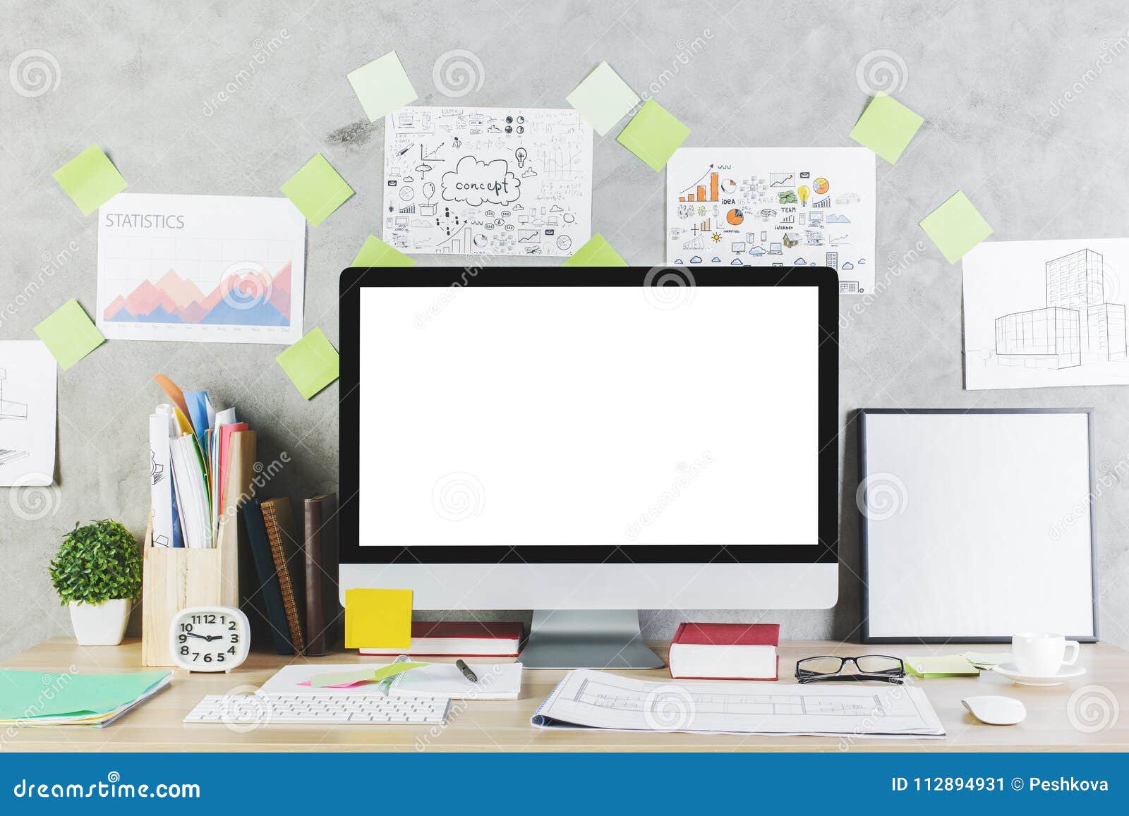 Modern Workplace with Empty Computer Stock Image - Image of gadget ...