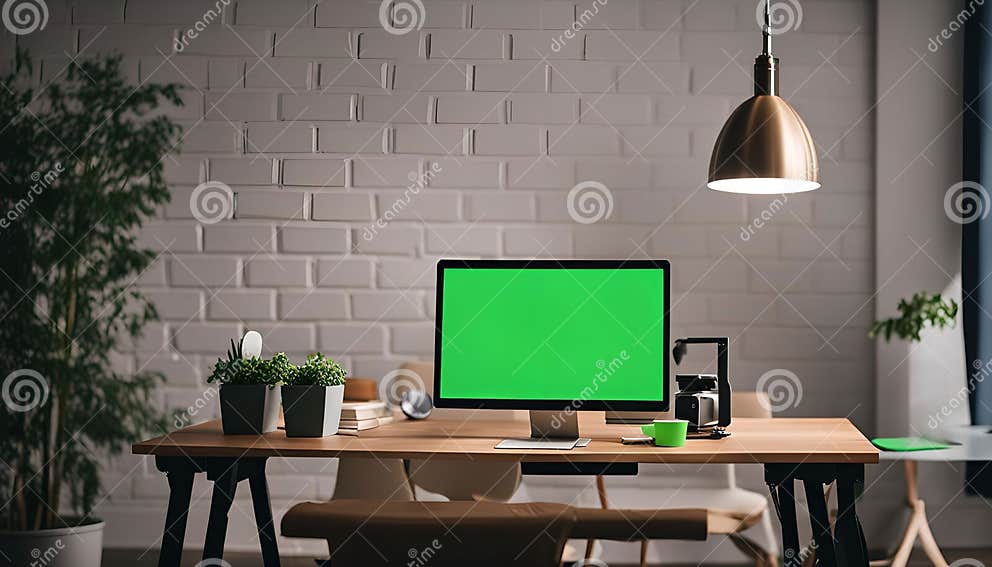 Modern Workplace with Green Screen Computer Stock Illustration ...