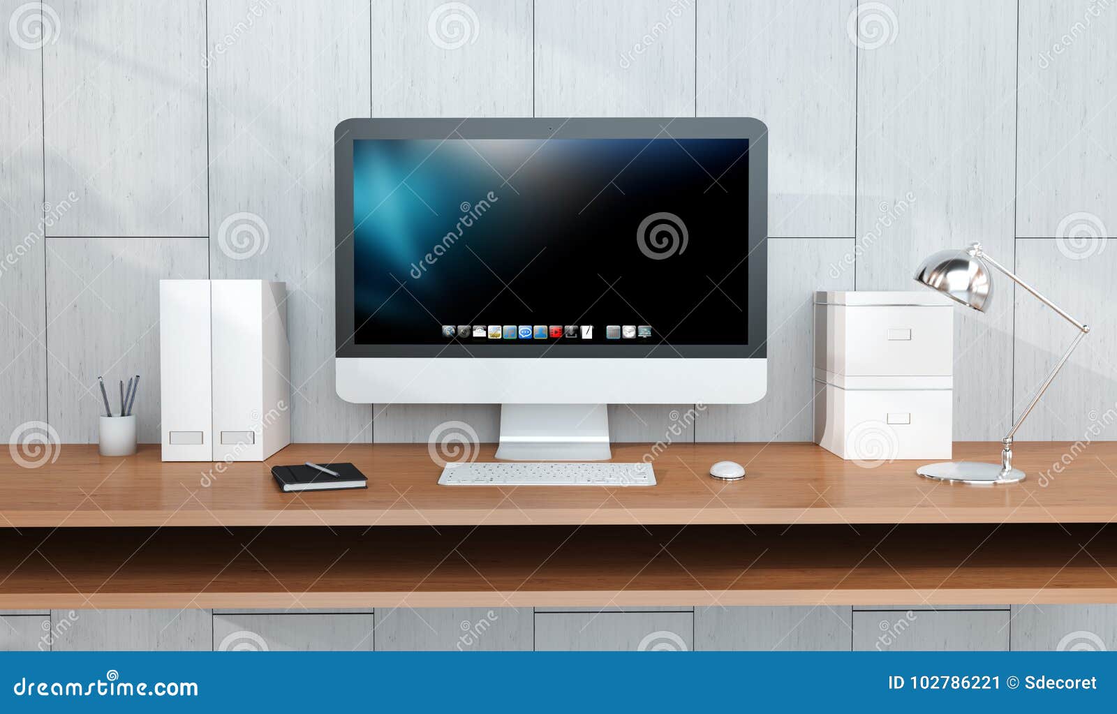 Modern Workplace Interior with Computer and Devices 3D Rendering Stock ...