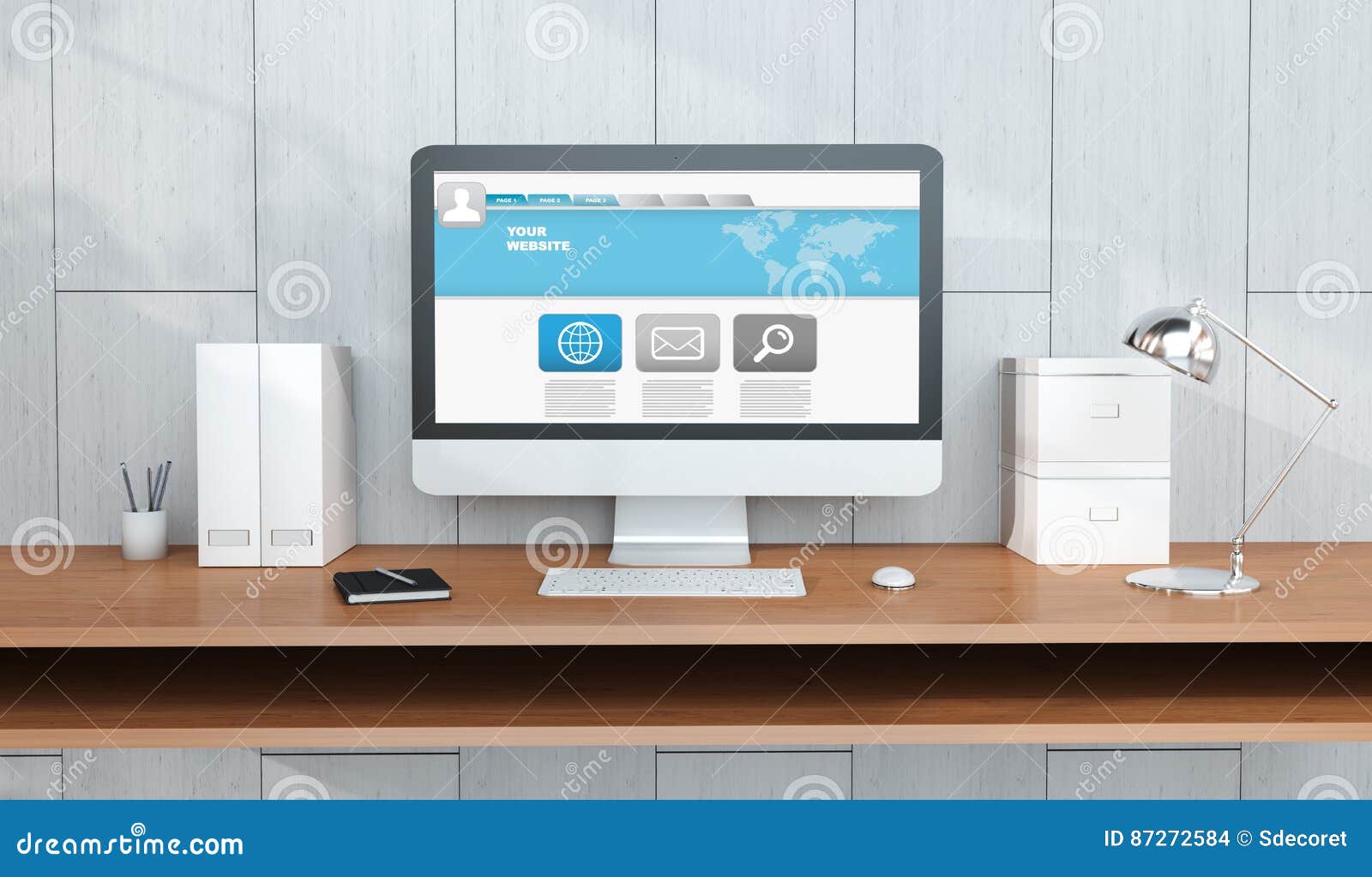 Modern Workplace Interior with Computer and Devices 3D Rendering Stock ...