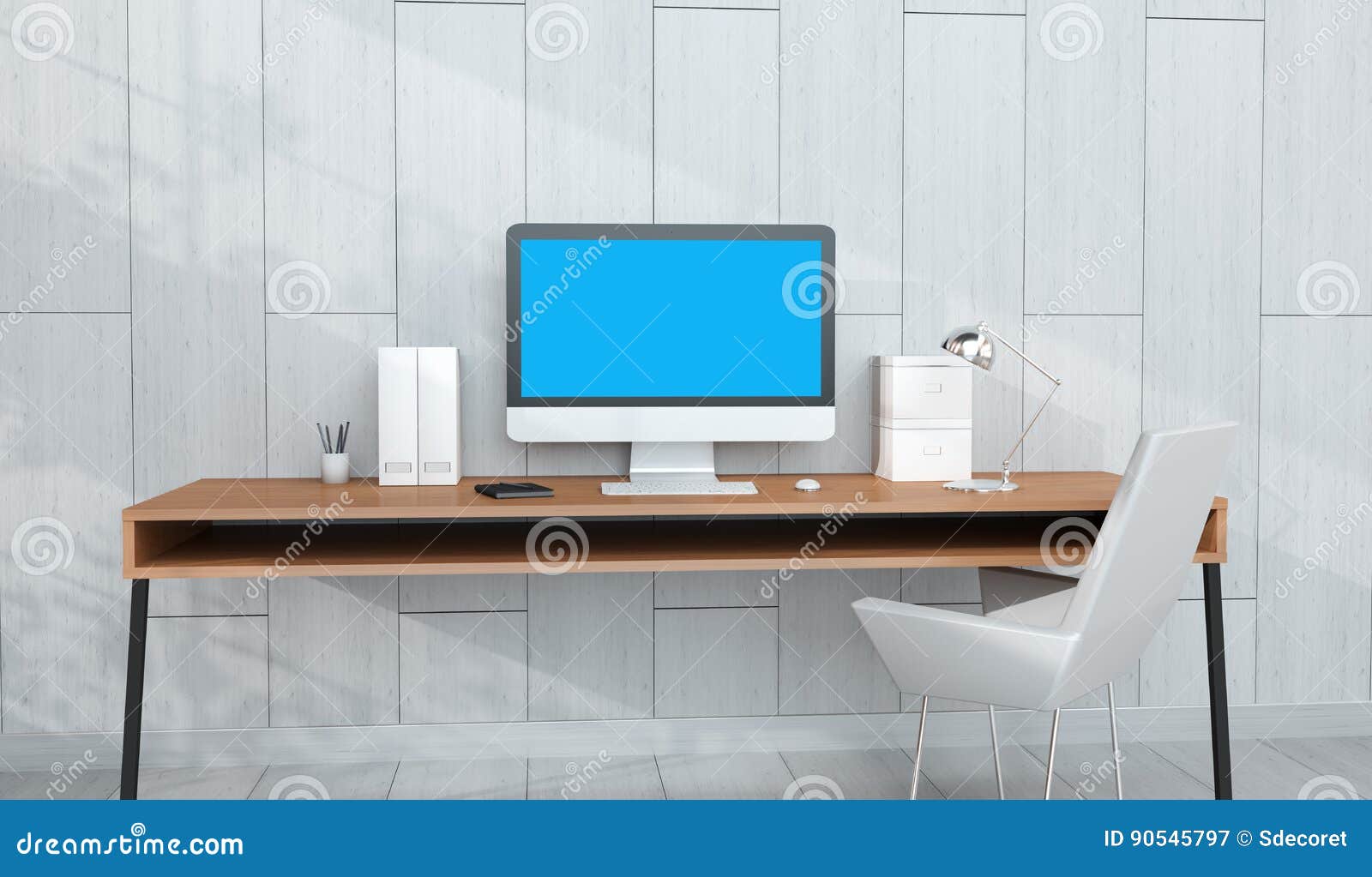 Modern Workplace Interior with Computer and Devices 3D Rendering Stock ...