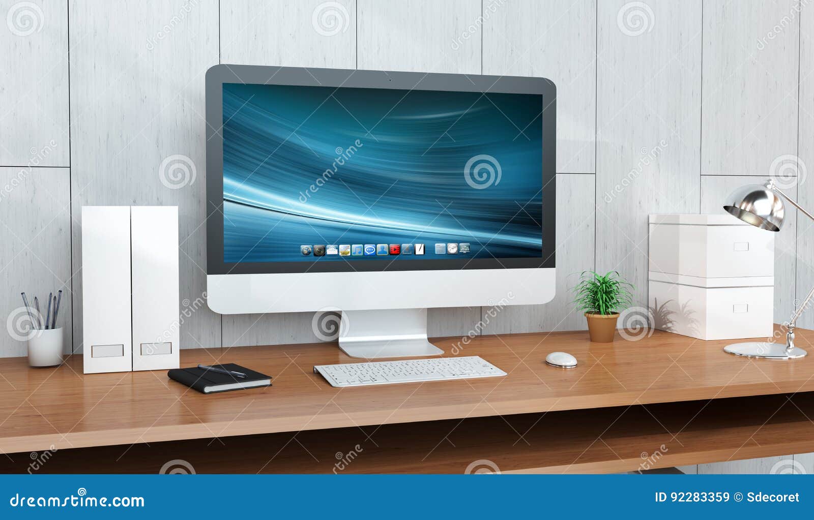 Modern Workplace Interior with Computer and Devices 3D Rendering Stock ...