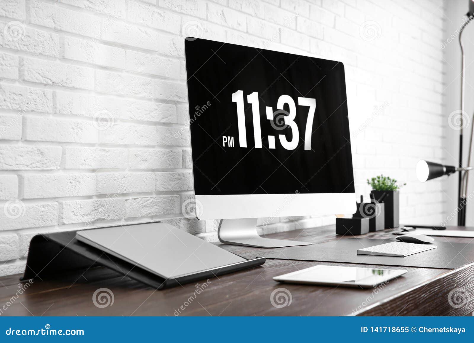 Modern Workplace Interior with Computer and Devices on Table Stock ...