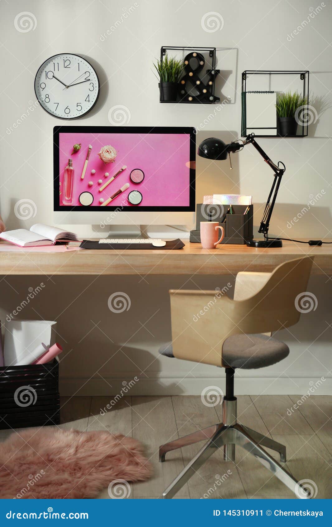 Modern Workplace Interior with Computer Stock Image - Image of business ...