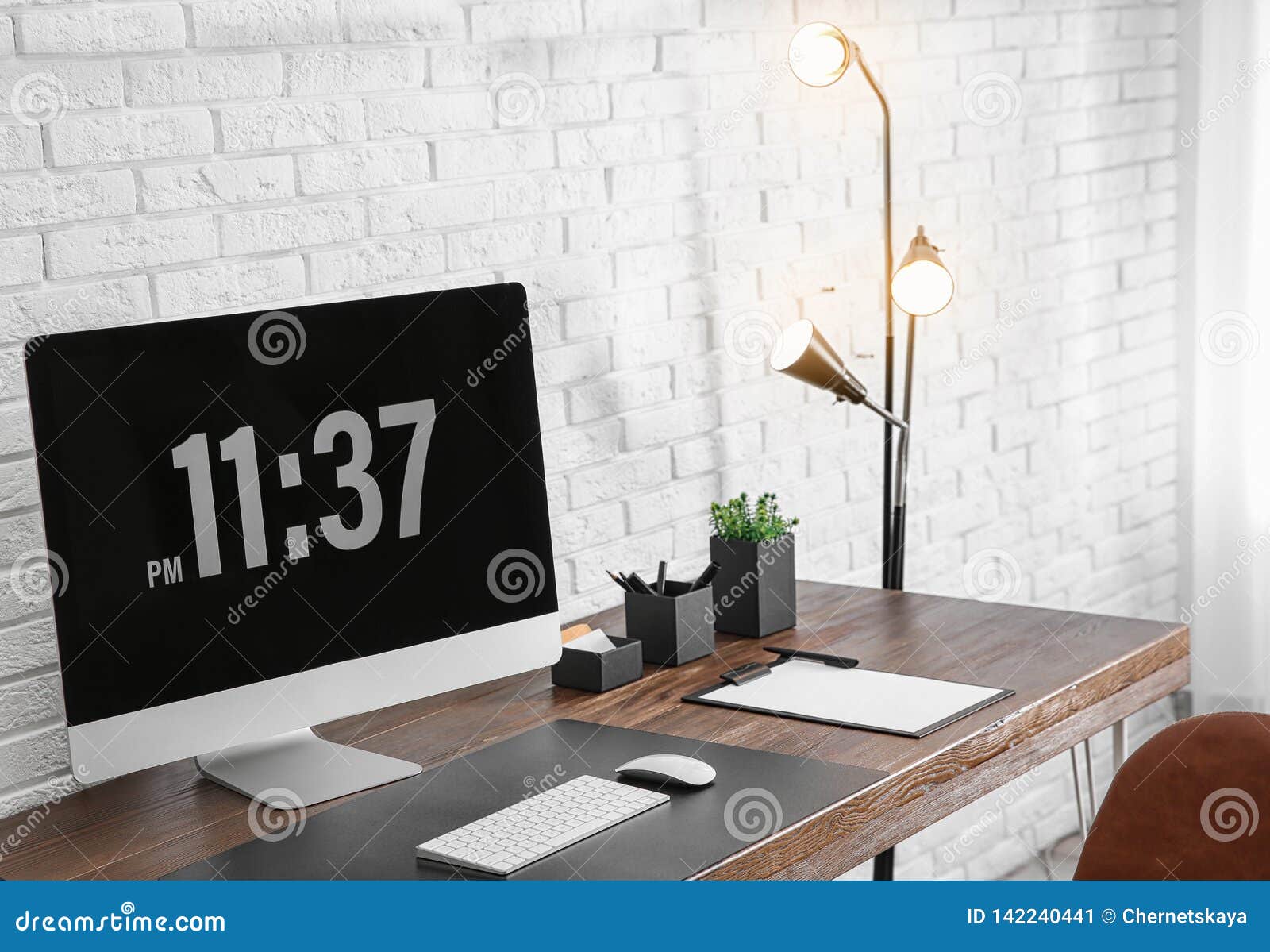 Modern Workplace Interior with Computer on Table Stock Image - Image of ...