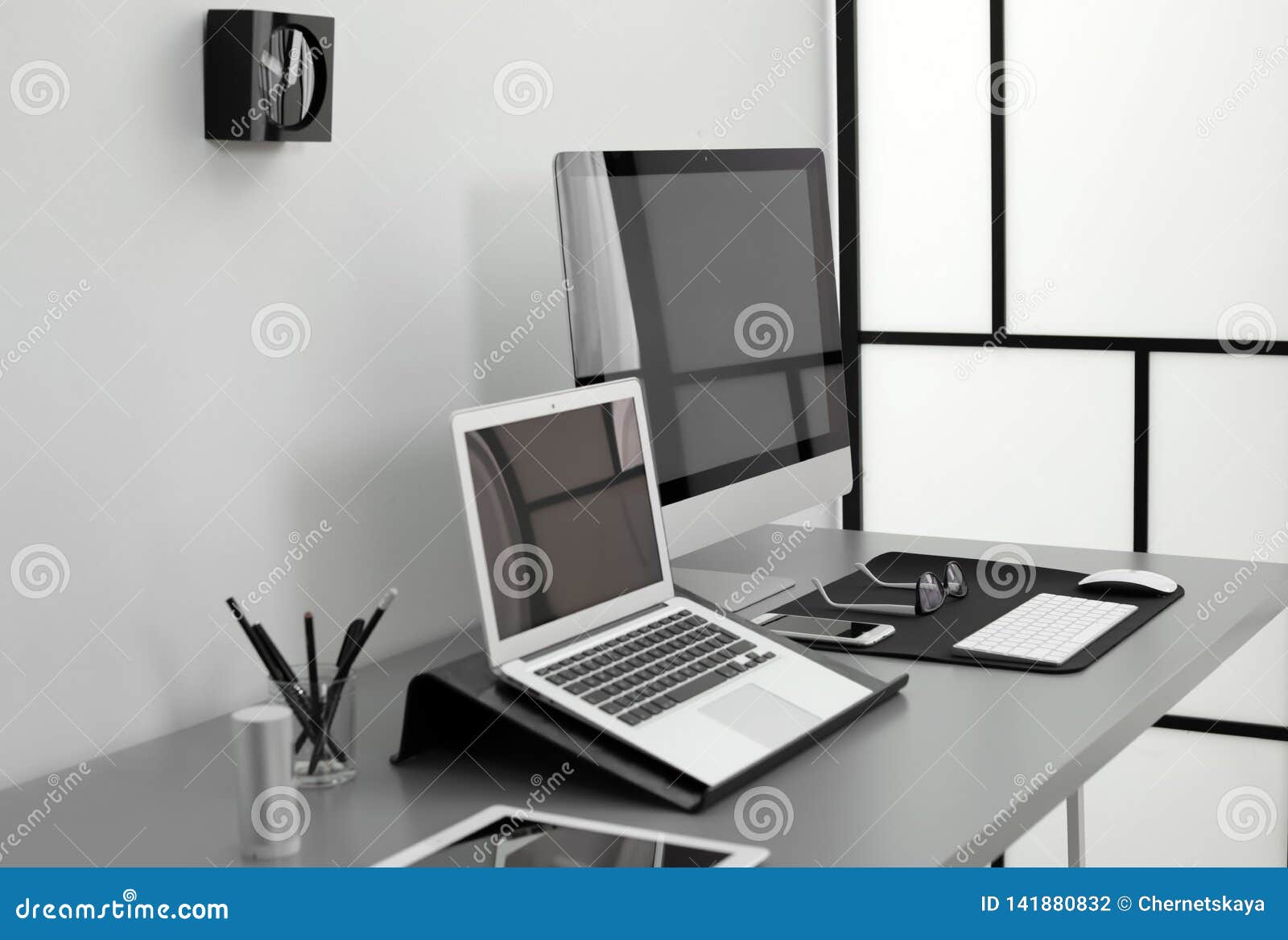 Modern Workplace Interior with Computers on Table. Stock Photo - Image ...