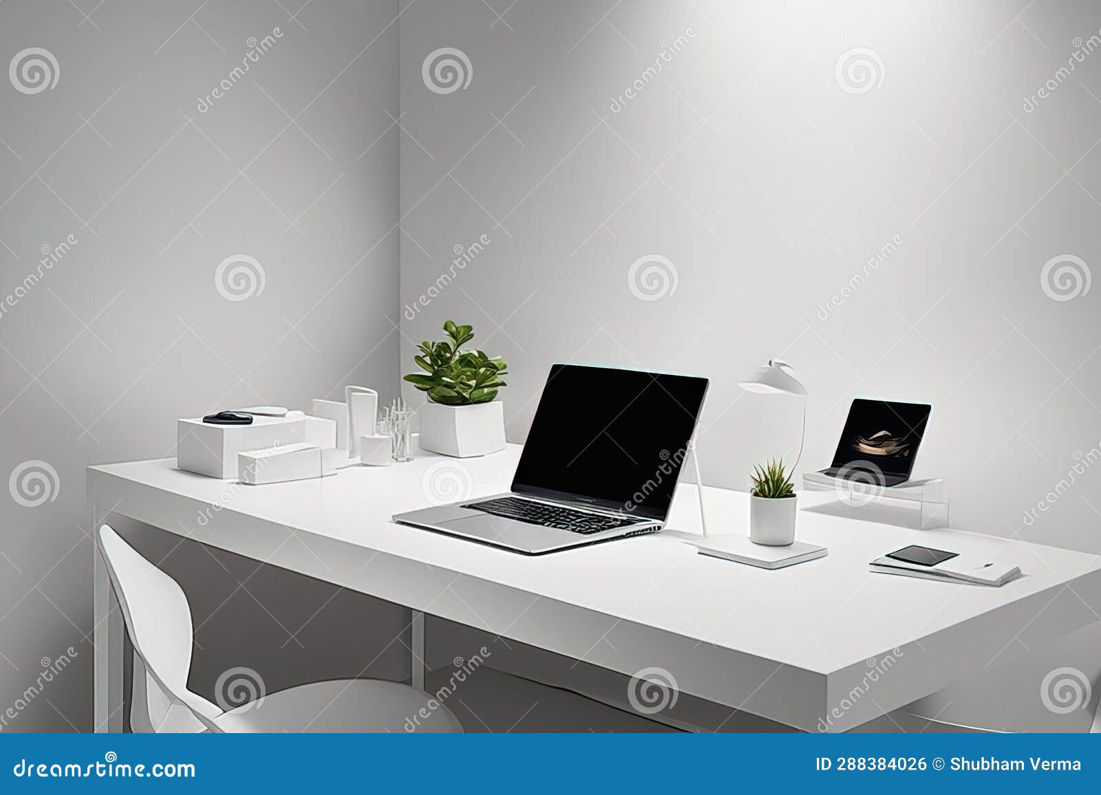 Modern Workplace Interior with Laptop on Table. 3 D Renderingmodern ...