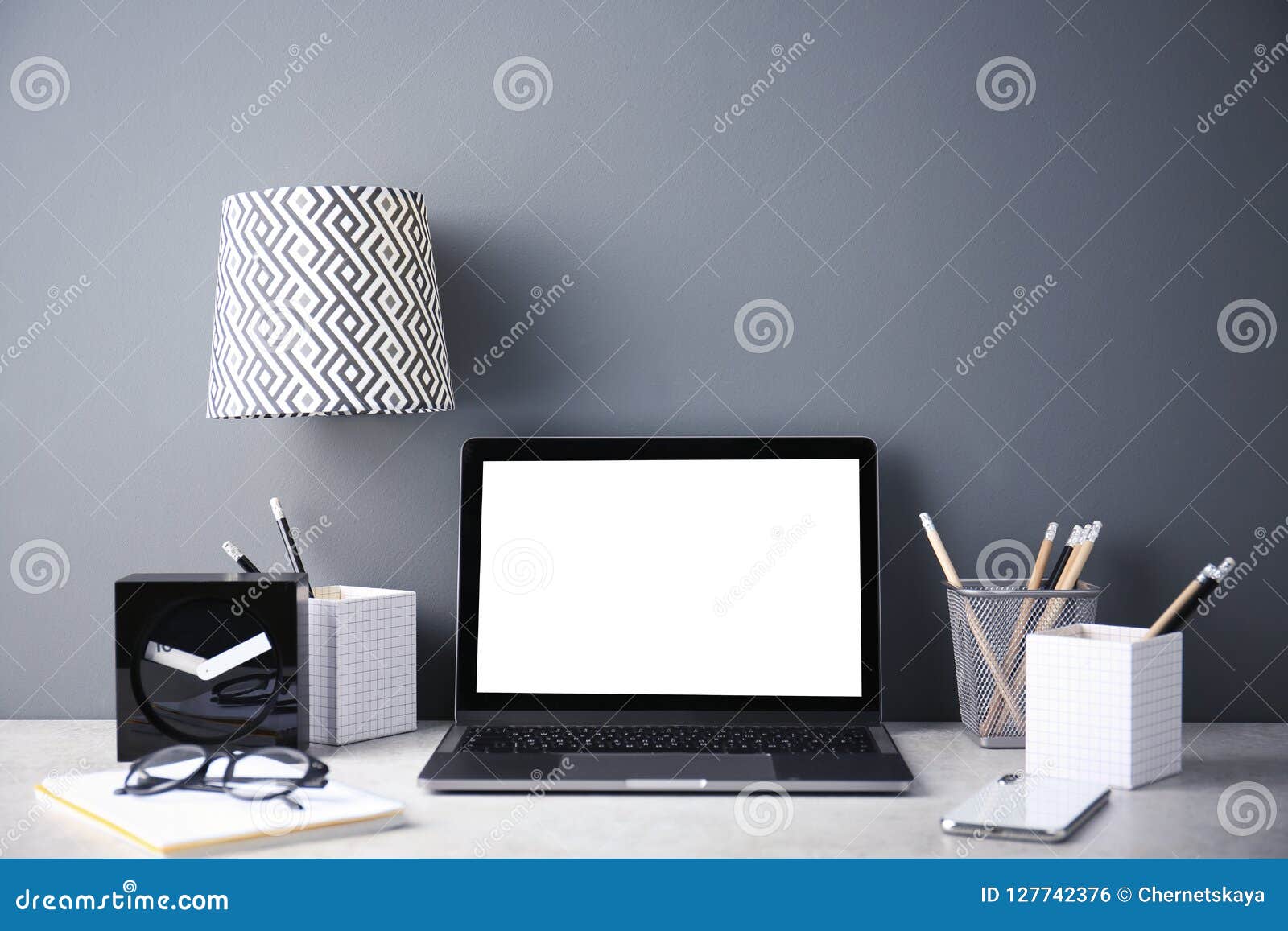 Modern Workplace with Laptop on Table Stock Photo - Image of table ...