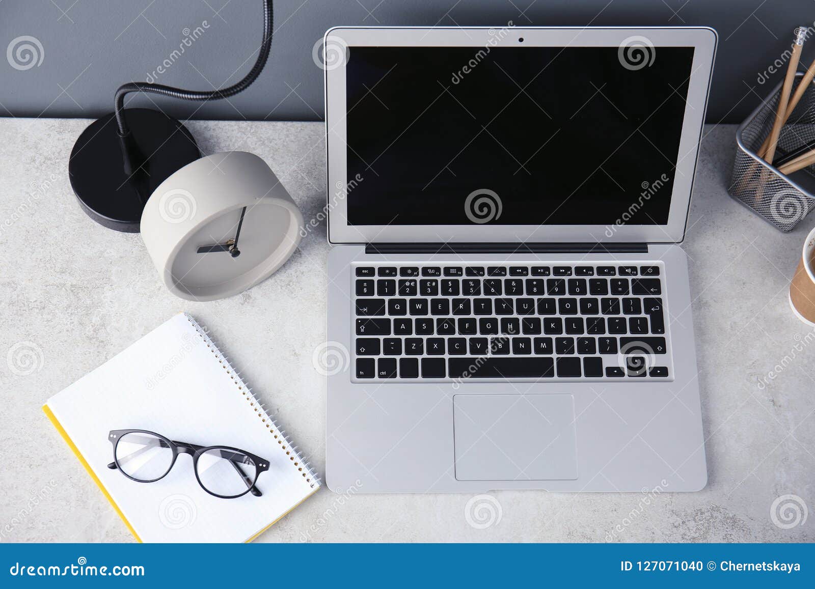 Modern Workplace with Laptop on Table, Top View Stock Photo - Image of ...