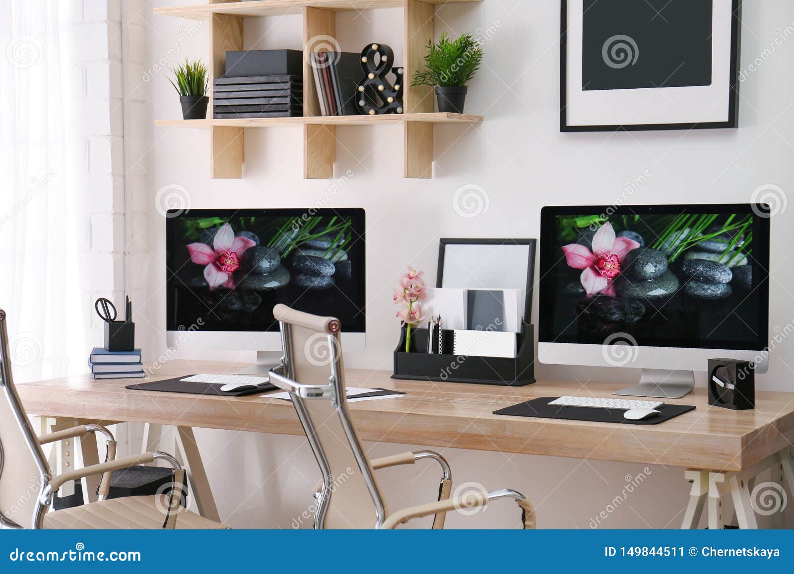 Modern Workplace with Large Desk and Computers in Room Stock Image ...