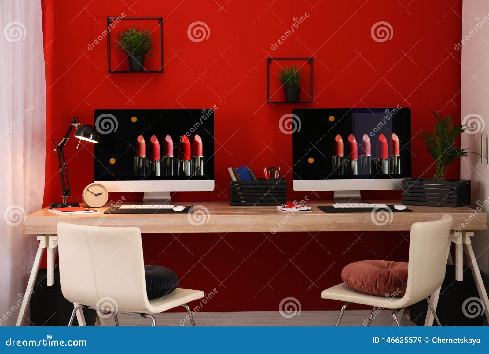 Modern Workplace with Large Desk and Computers. Stylish Interior Stock ...