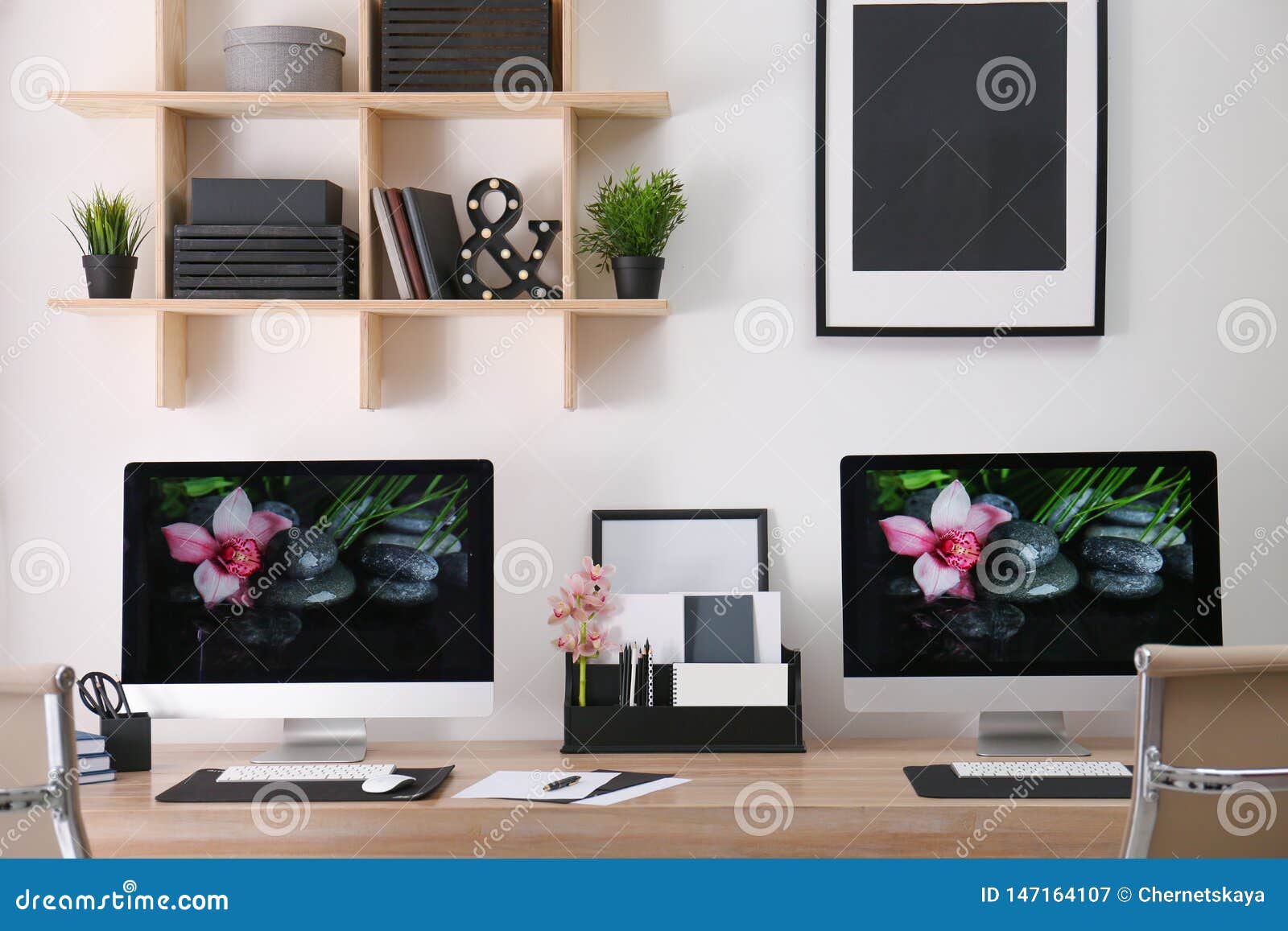 Modern Workplace with Large Desk and Computers. Stylish Interior Stock ...