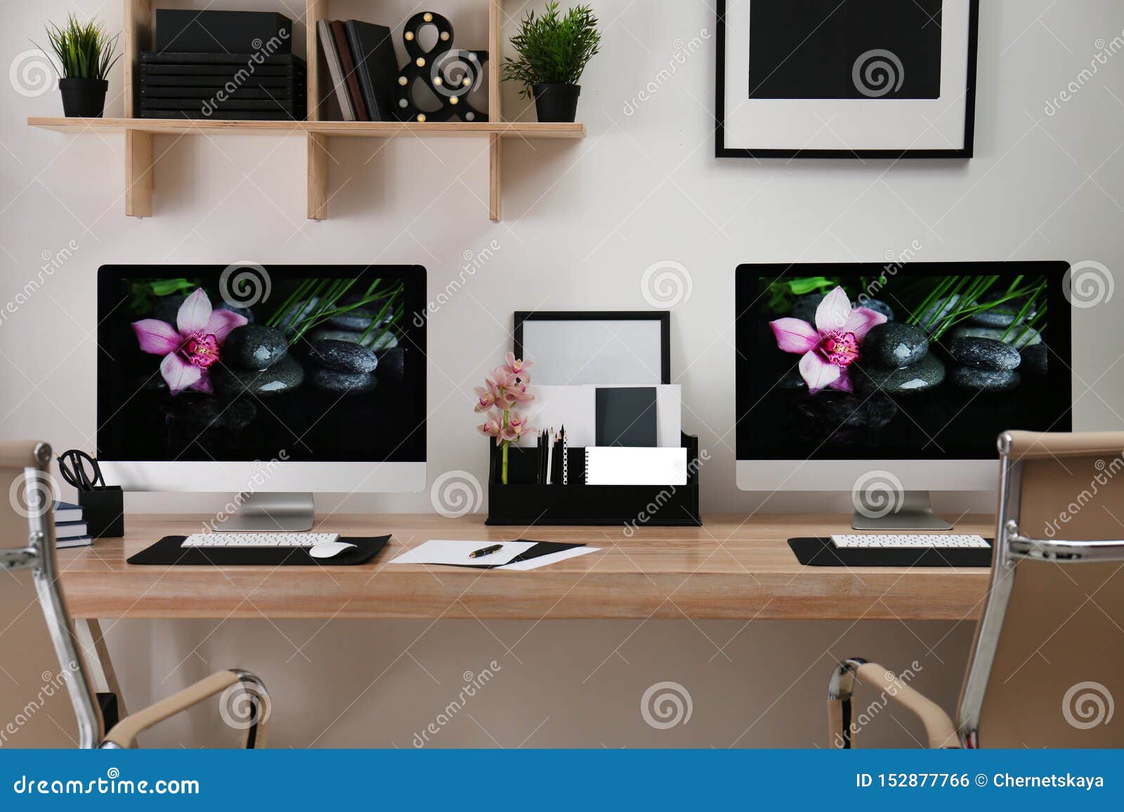 Modern Workplace with Large Desk and Computers. Stylish Interior Stock ...