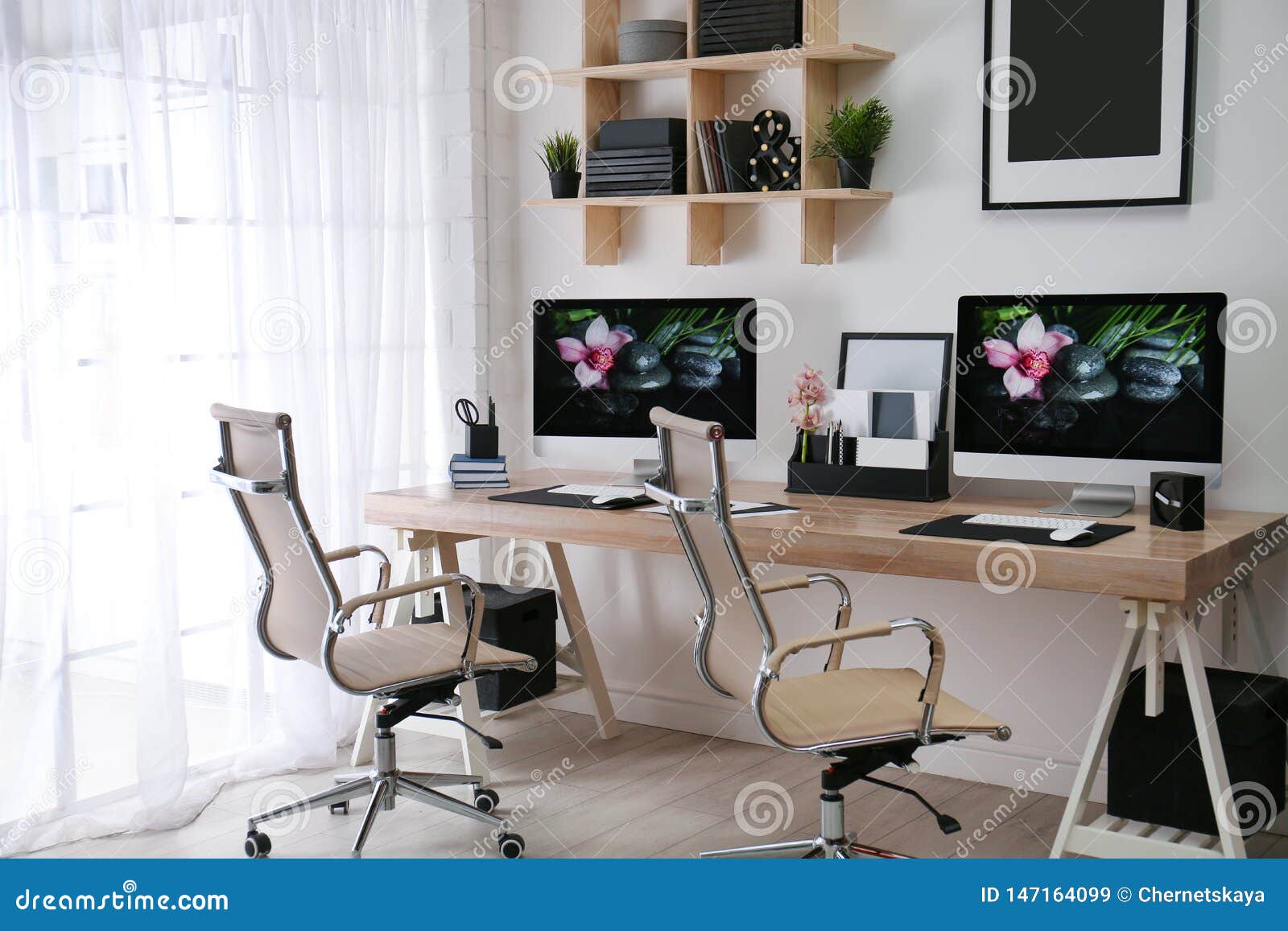 Modern Workplace with Large Desk and Computers. Stylish Interior Stock ...
