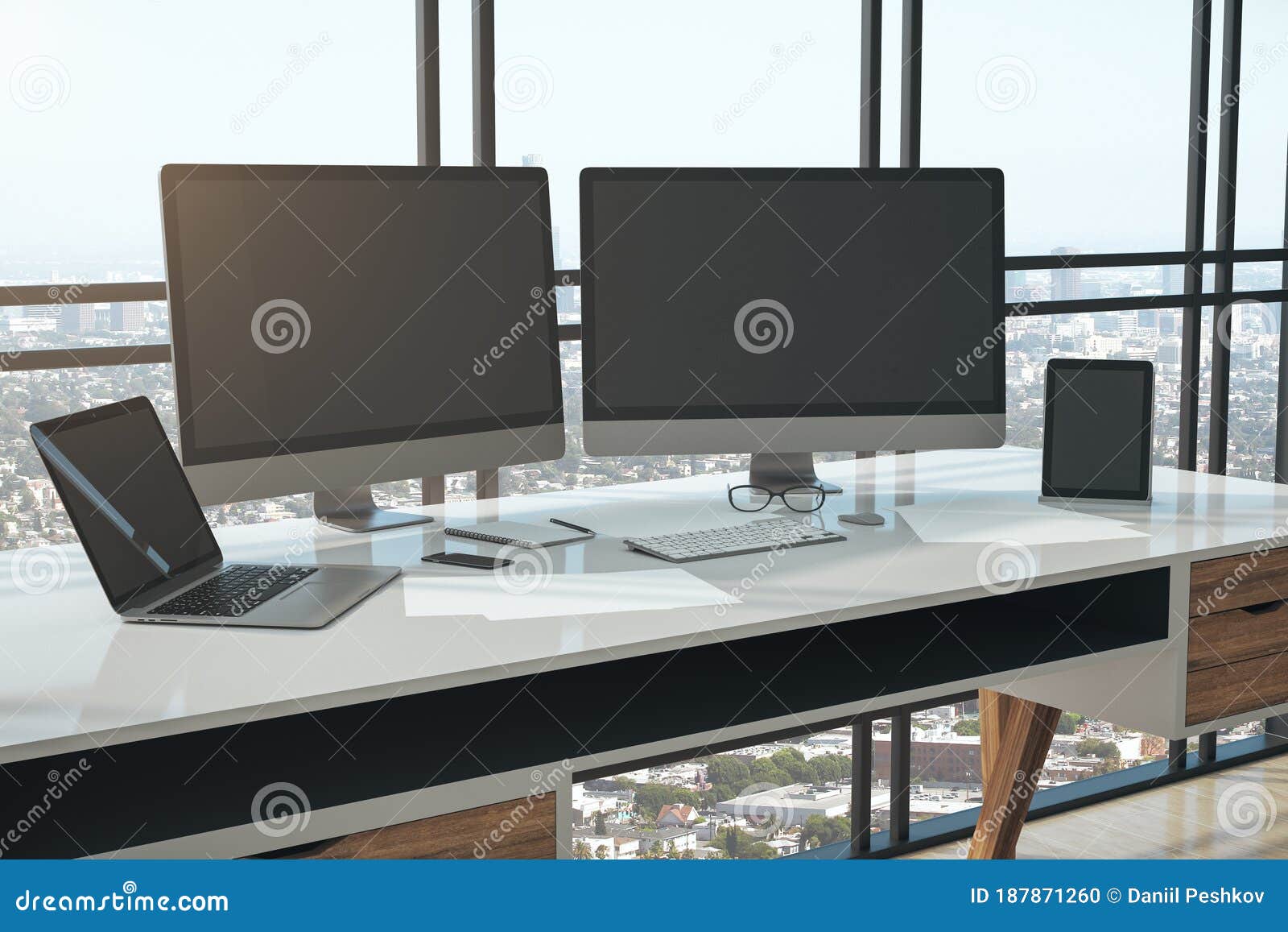 Modern Workplace with Two Monitors Stock Illustration - Illustration of ...