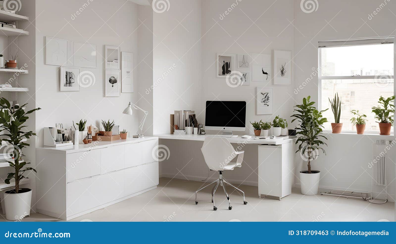 Modern Workroom with a Sleek, White Desk and a Collection of Minimalist ...