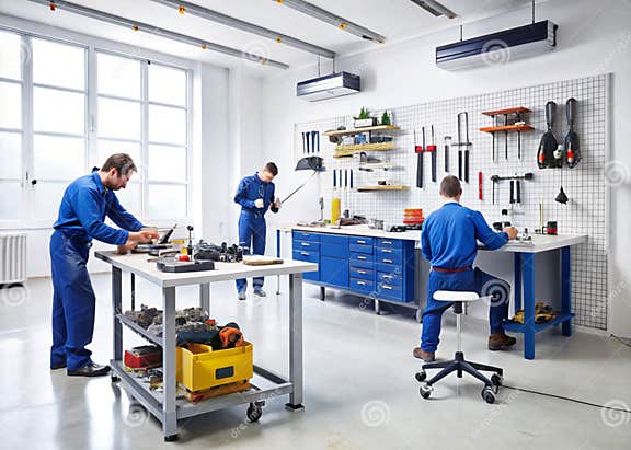 Modern Workshop Setup with Technicians and Well Equipped Tool Stations ...