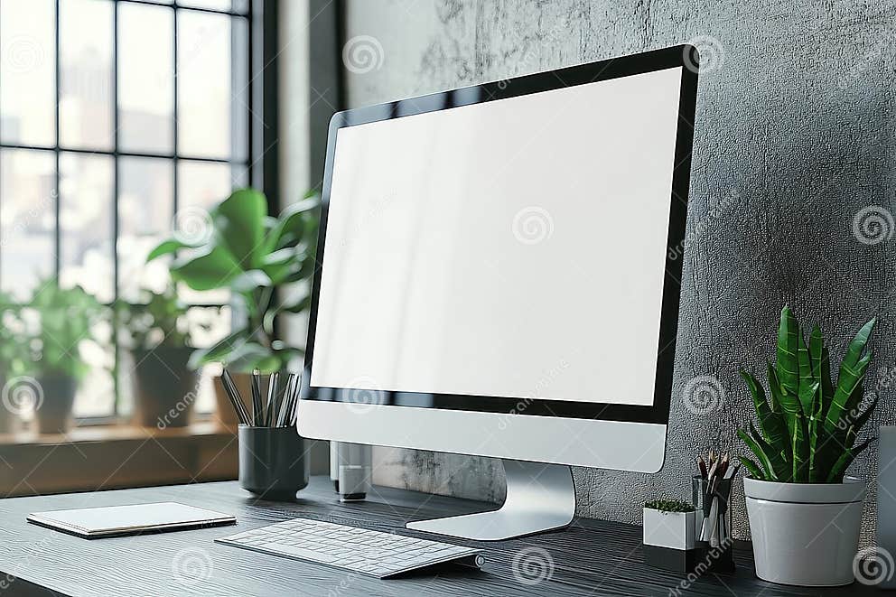 Modern Workspace with Blank Desktop Computer Screen on Desk for Mockup ...