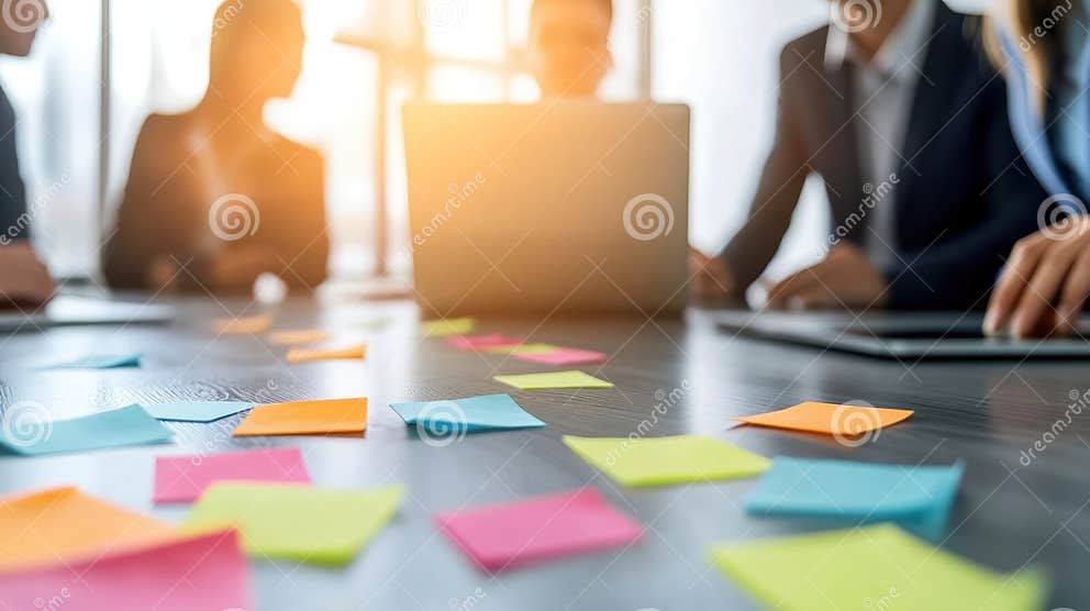 Modern Workspace with Collaborative Brainstorming Using Colorful Sticky ...