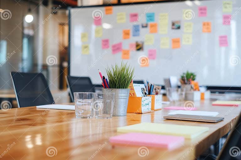 Modern Workspace with Collaborative Tools and Colorful Sticky Notes for ...