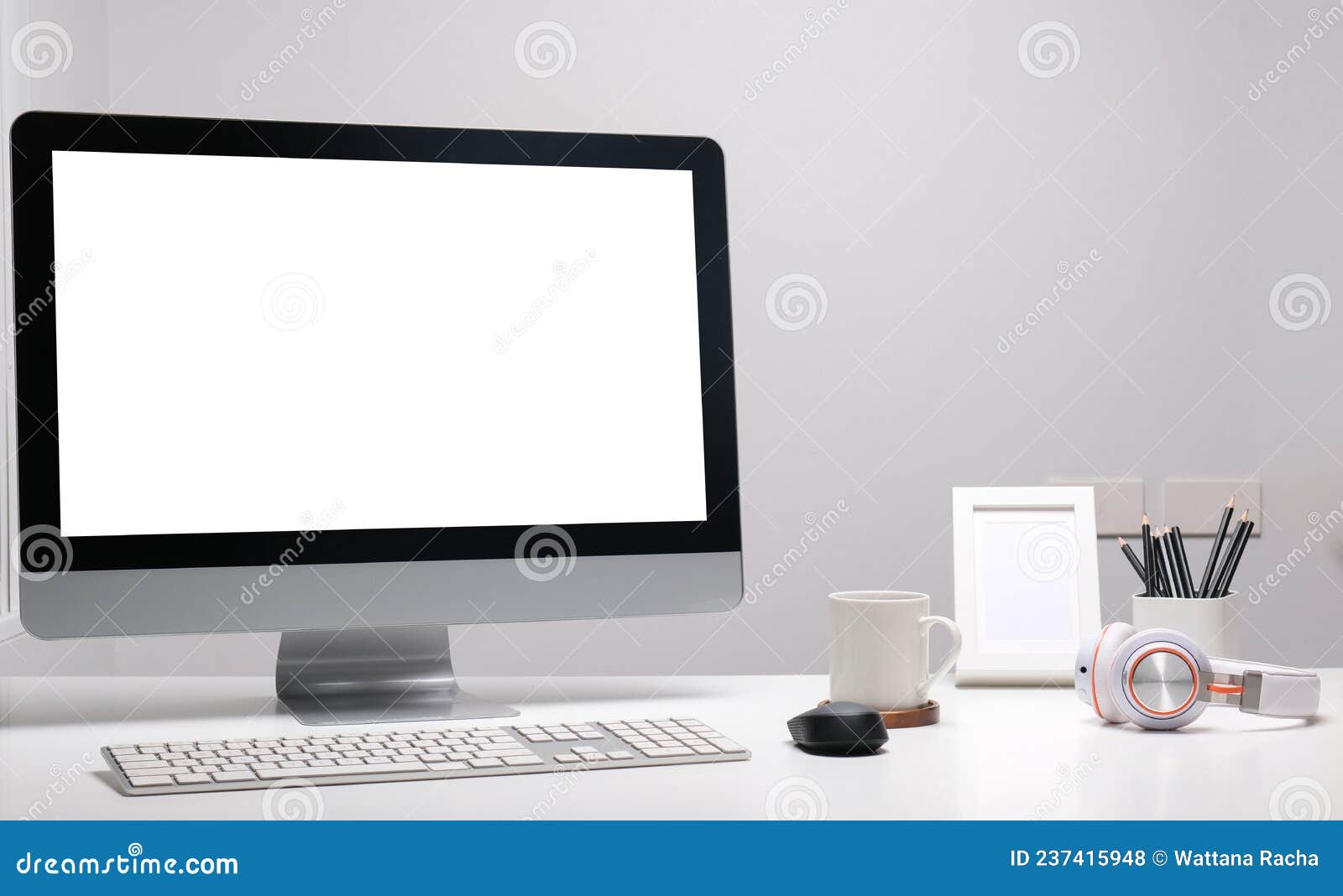 Modern Workspace with Computer with Blank Screen and Equipment on White ...