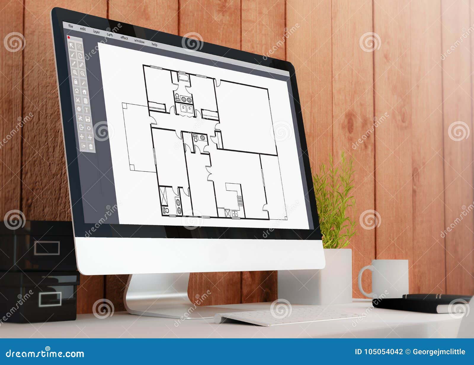Modern Workspace with Computer Cad Software Stock Illustration ...