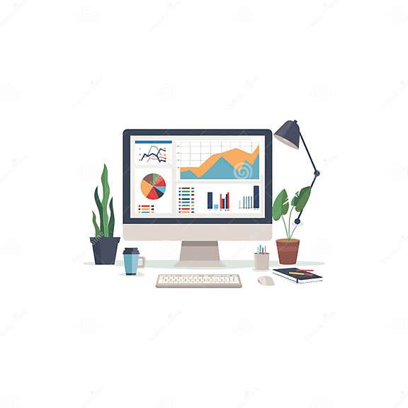 Modern Workspace with Computer and Charts. Vector Illustration Design ...