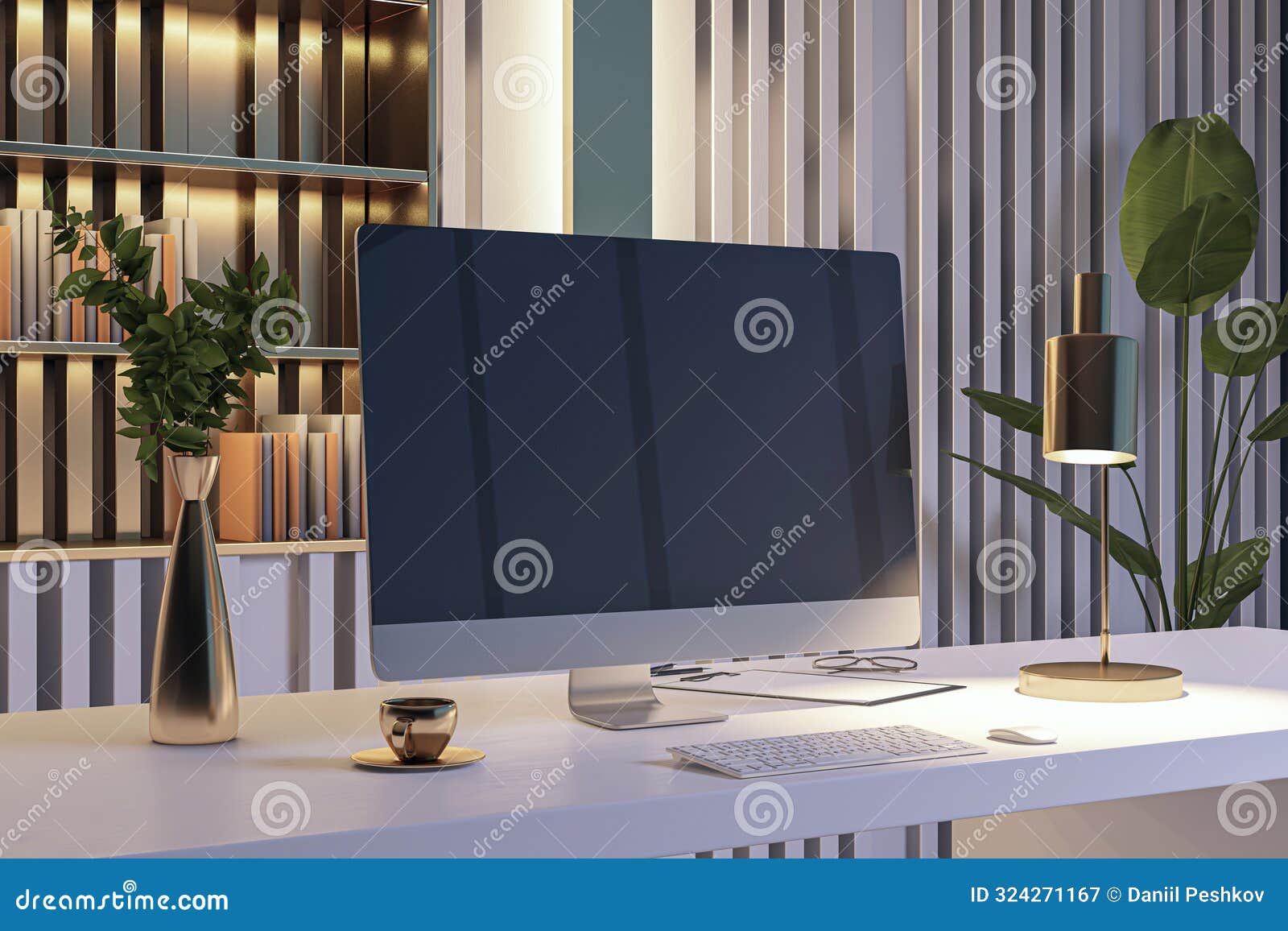 Modern Workspace with Computer on Desk, Decorative Lamp and Plant, Striped Background, Concept ...