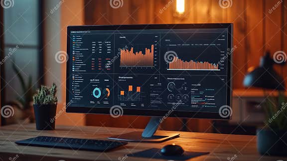 Modern Workspace With A Computer Displaying Data Visualizations And Graphs Illuminated In A