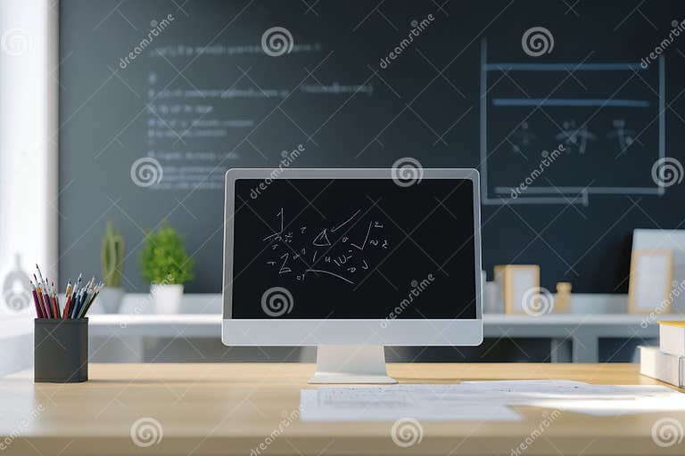 Modern Workspace with Computer Displaying Math Equations and Minimalist ...