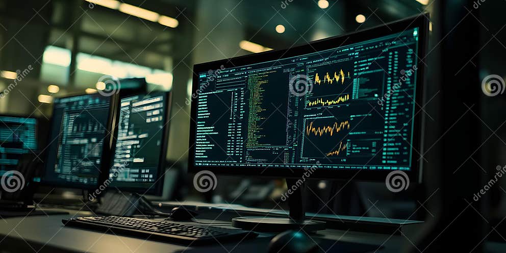 Modern Workspace with Computer Monitors Displaying Code and Data Visualizations Stock ...